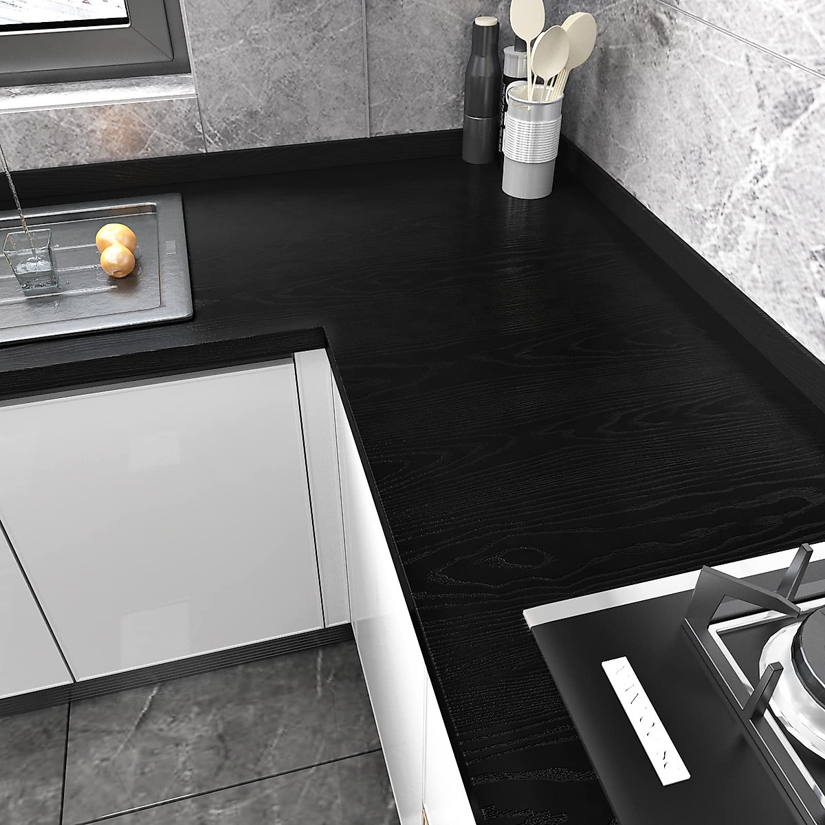 Skyblur 24" x 118" Black Wood Contact Paper for Cabinets Peel and Stick Countertops Wallpaper Wood Grain Dark Wall Paper Self Adhesive Removable Vinyl Black Contact Paper for Counter Tops Desktop