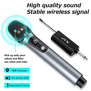 JYX Wireless Microphone, Dynamic Microphone for Karaoke with Receiver and Anti-Slip Ring, 80ft Transmission Distance, Rechargeable Mic System for Karaoke Night, Meeting, Compere, Party