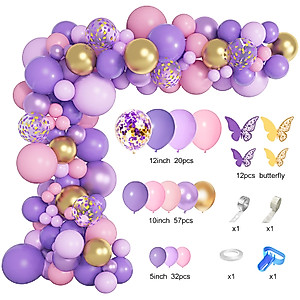 Purple Pink Butterfly Balloon Garland Arch Kit, Butterfly Baby Shower Decorations for Girl Women, Pink and Purple Gold Confetti balloons for Purple Birthday Party Mothers Day Bridal Shower Decorations