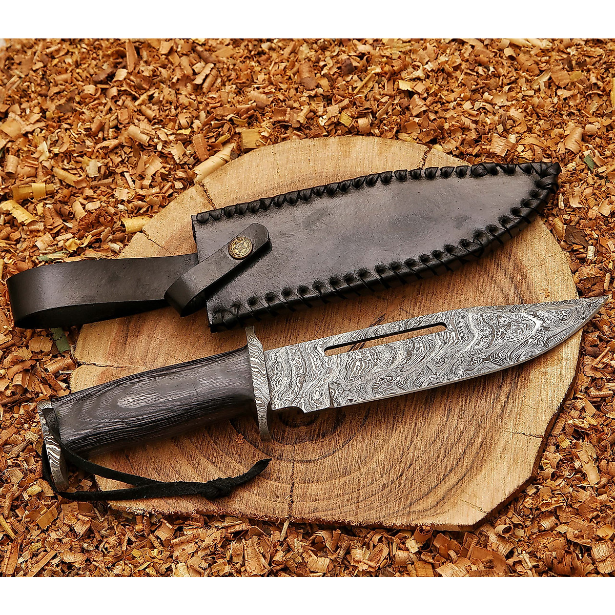 HK Handmade 13″Hunting Bowie Knife,Forged Damascus Bushcraft knife,knives for men with gray pakkawood Handle & leather sheath,damascus knife best for Outdoor & Indoor Camping,Survival,Skinning