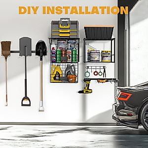 ALIESTFDNO Garage Shelves Wall Mount with Wire baskets, 8-IN-1 Heavy Duty Garage Wall Shelving with Garden Tool Rack 2pack & 6pcs Hooks, Wire Shelf Baskets Tool Shelves for Home Garage Garden Storage