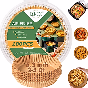 FINECE Air Fryer Liners Round, 100PCS for 2 to 5 Qt Air Fryer Disposable Paper Liner, 6.3 inch Unbleached Non-stick Oil-proof Parchment Paper