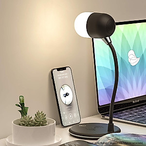 Led desk lamp with QI wireless smart charger. Home office bedside table night light lamp. Bluetooth connected speaker. 3 lighting color changing modes and touch control. Nightlight lamps for bedrooms.