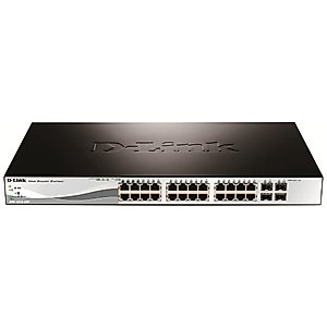 D-Link PoE+ Switch, 24 28 Port Fast Ethernet Managed Web Smart 2 Gigabit BASE-T and 2 Gigabit Combo BASE-T/SFP Ports (DES-1210-28P),Black / White