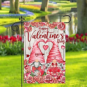 Valentines Day Garden Flag, Valentine Garden Flag 12x18 Double Sided, Happy Valentine's Day Gnomes with Love Heart Roses Burlap Vertical Yard Flag for Home Lawn Outdoor Decorations
