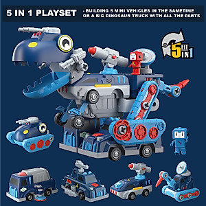 Toys for 5+ Year Old Boys, Take Apart Dinosaur, Magnetic Building Blocks Vehicles Play Set, 5 in 1 Cars & Trucks Transform Into Robot Dino T-rex, Engineering STEM Toys & Gifts for Boys & Girls