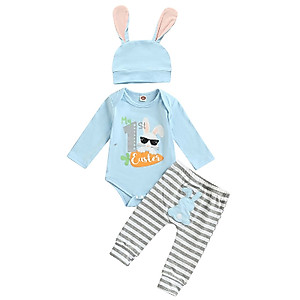 Meiweileya Newborn Baby Boys Easter Bunny Outfits My 1st Easter Romper+Striped Pants+Ear Hat 3Piece Rabbit Clothes Set (Light Blue, 3-6 Months)