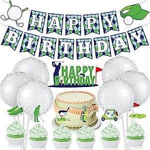 Containlol 32 Pieces Golf Birthday Party Supplies Decor Kits Golf Theme Happy Birthday Banner Golf Themed Cake Toppers Happy Birthday Cake Inserts Golf Aluminum Foil Balloons for Golf Themed Party