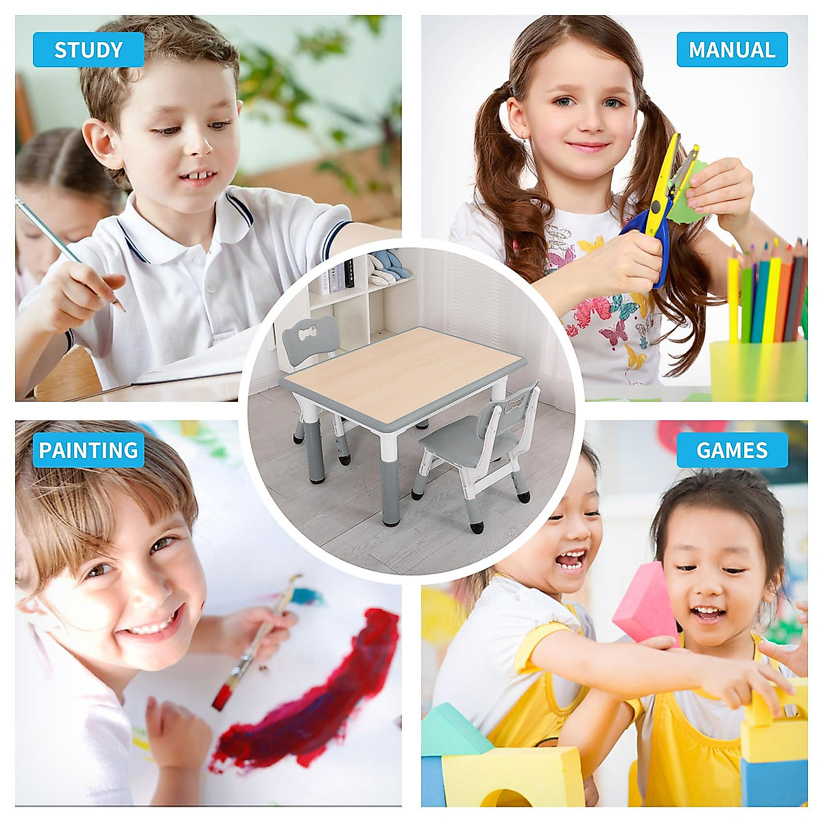 UNICOO Kids Table and Chairs Set, Height Adjustable Toddler Table and Chairs Set, Easy to Wipe Arts & Crafts Table, Suitable for Ages 2-10, Childrens Table and Chair Set (BY-60-MGY)