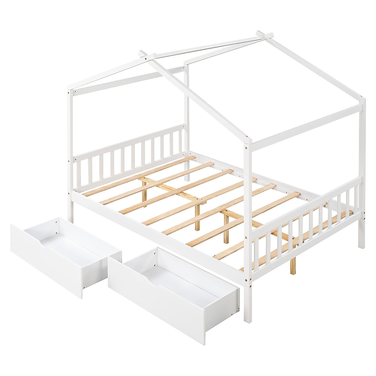 Full House Bed for Kids, Wooden Full Size Platform Bed Frame with 2 Storage Drawers, Headboard and Footboard, Montessori Bed, Full Storage Bed for Kids, Girls & Boys, No Box Spring Needed,White