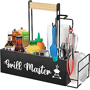 Grill Utensil Caddy, Picnic Condiment Caddy, BBQ and Grill Caddy with Paper Towel Holder & Paper Plate Holder. Grilling Caddy with Wood Handle & 2 Hooks, Multi-use Storage Organizer for Outdoor Grill