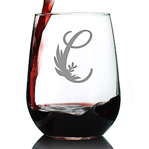 Monogram Floral Letter C - Stemless Wine Glass - Personalized Gifts for Women and Men - Large Engraved Glasses