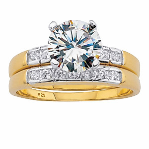 PalmBeach 18k Gold-Plated or Platinum-Plated Sterling Silver Round CZ Two Tone 2 Piece Bezel Set Bridal Ring Set Size 9