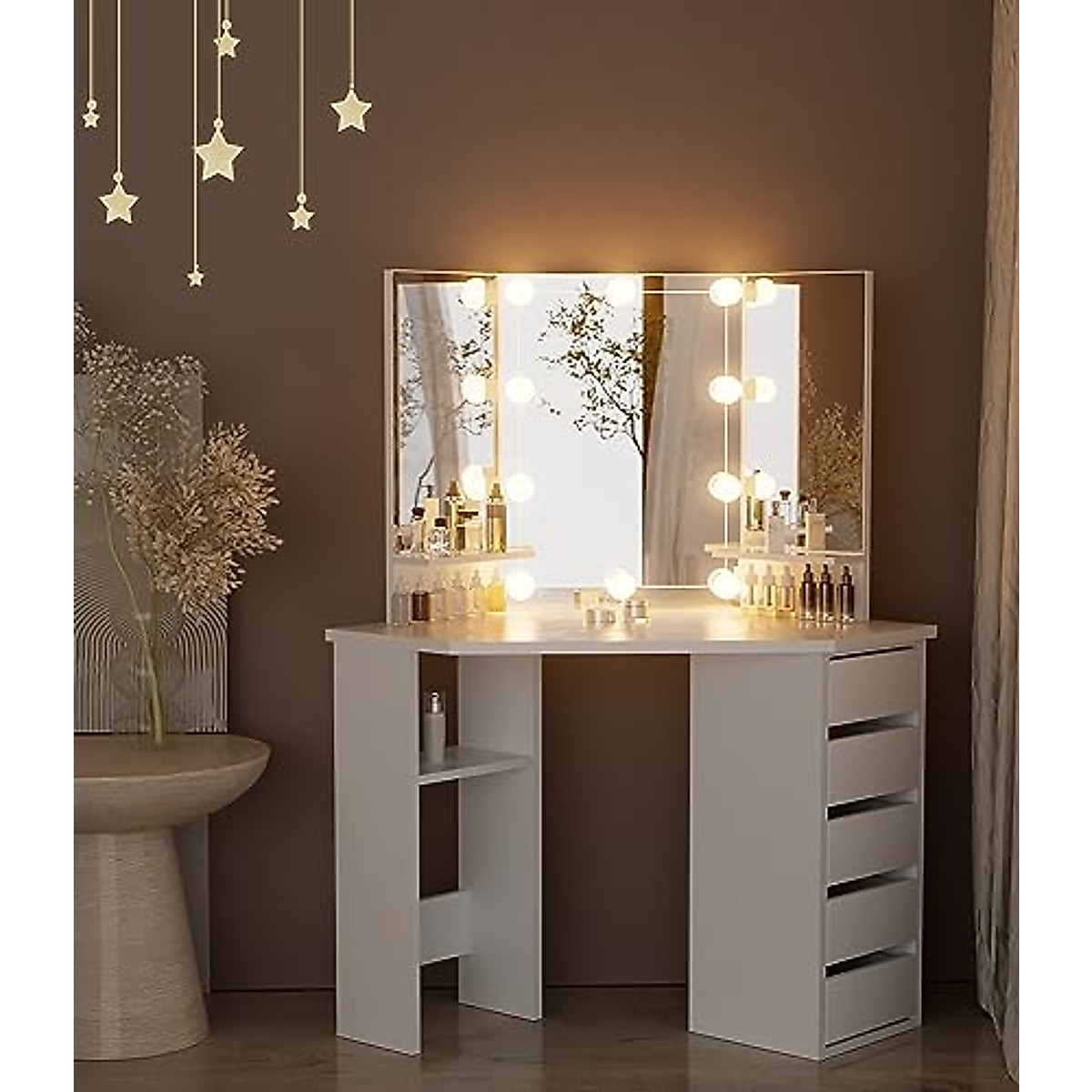 Likein Corner Makeup Vanity Desk with Mirror and Lights, Bedroom Vanity Table with Lighted Mirror 5 Drawers and Storage Shelf for Women Girls White