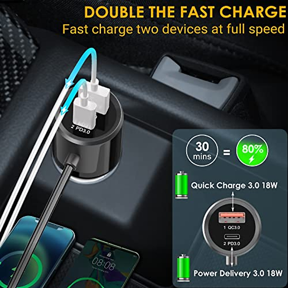 Multi 5 Ports USB C Car Charger, 74W QC3.0 & PD3.0 Type C Cigarette Lighter Adapter Front and Back Seats Fast Charger with 5FT Cable for Samsung Galaxy S21/20, iPhone, Google Pixel, iPad Pro and More