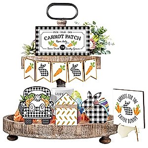 10 Pcs Easter Tiered Tray Decor- Carrot Bunny Wood Sign Decoration Rustic Farmhouse Easter Table Decor with 2 Pcs Small Stand for Home Kitchen Living Room, Dining Table, Easter Party Desk