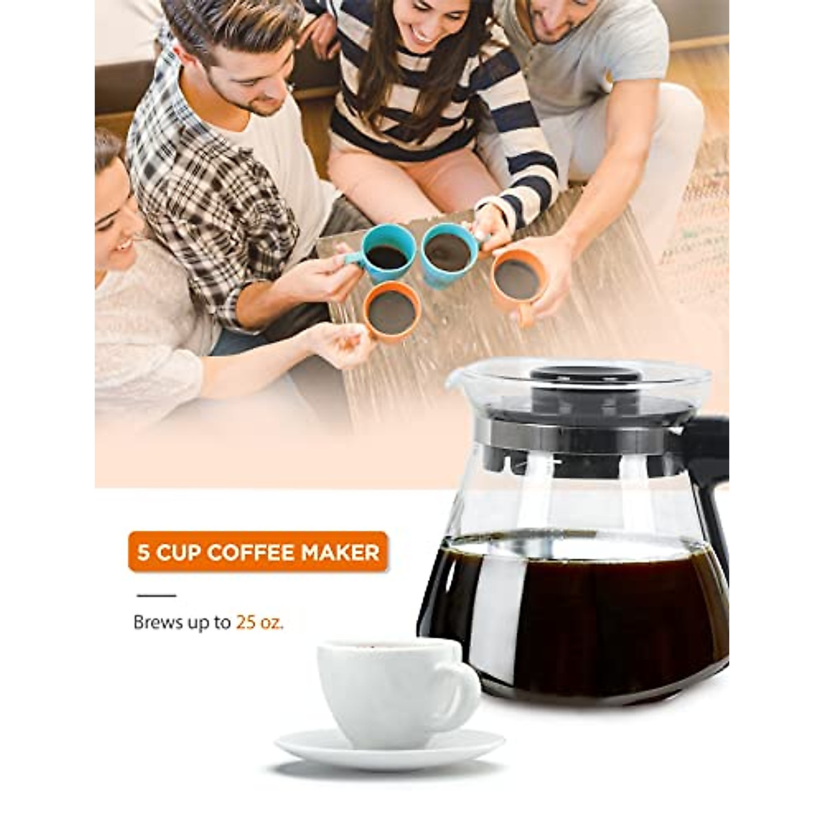 Commercial Chef Coffee Maker, Drip Coffee Maker with Pour Over Filter, 5 Cup Coffee Maker with 0.75L Water Tank, Brews in 6 Minutes