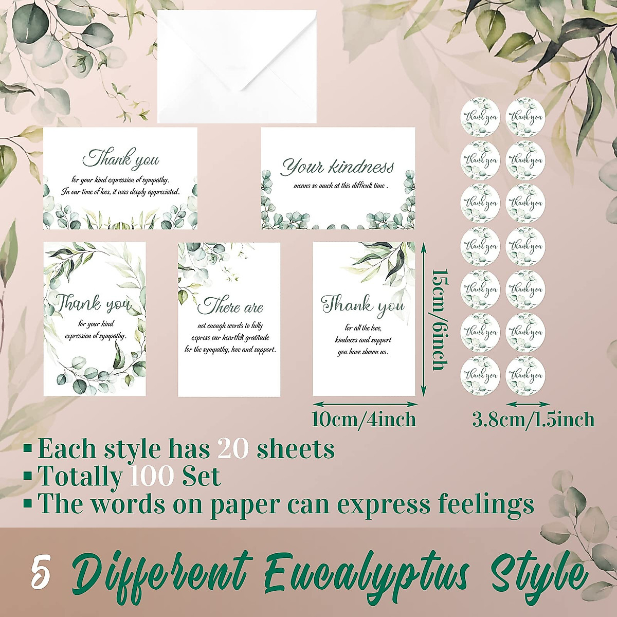 Jetec 100 Pack Thank You Cards with Envelopes Stickers Bulk Greeting Watercolor Cards for Family Loved Ones Wishes Holiday Celebration(Funeral)