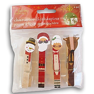 Christmas Decorative Character Clothespins - Santa, Mrs. Claus, Snowman, and Reindeer - for Decoration, Card Display, and More