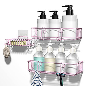 TONLEA Shower Caddy, Shower Organizer for Bathroom, 3-Pack Rustproof Stainless Steel Shower Shelves with Soap Dish and 4 Hooks for Bathroom Storage, Adhesive or Drilling Kitchen Organization, Pink