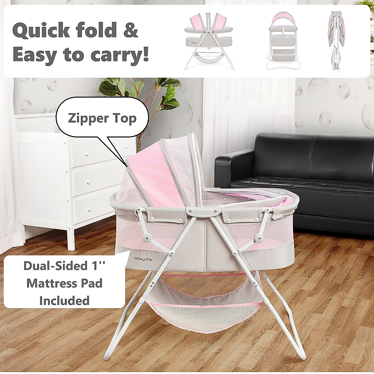 Karley Baby Bassinet in Grey and Pink, Lightweight Portable, Quick Fold and Easy to Carry , Adjustable Double Canopy, Indoor and Outdoor with Large Storage Basket.