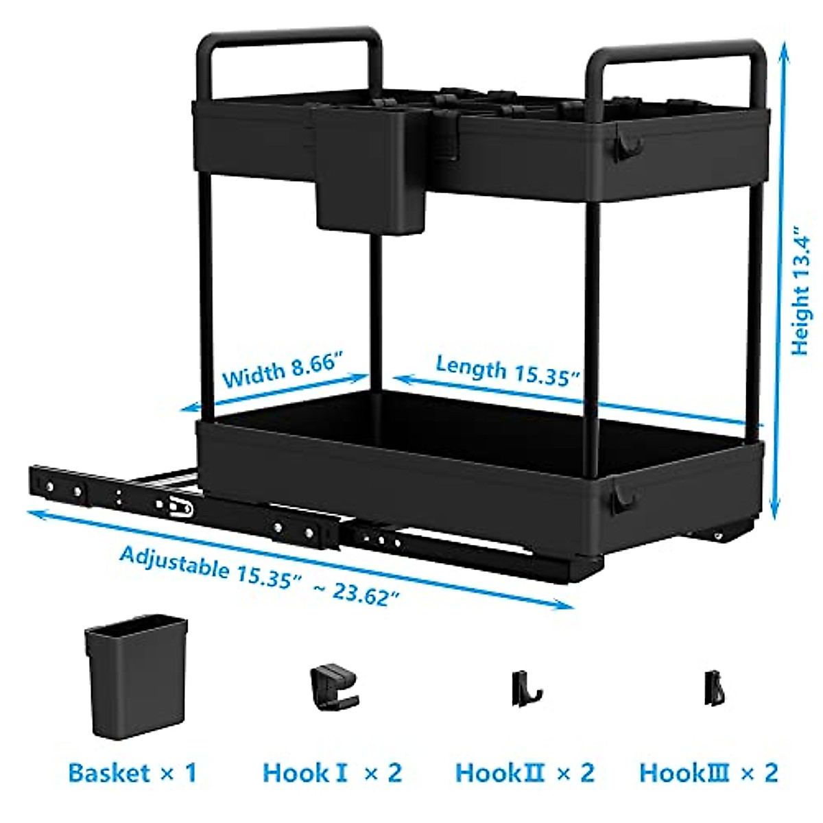 HEITICUP 2 Tier Under-Sink Organizers and Storage, Sliding Cabinet Basket Organizers, Pull Out Home Organizers with Hooks & Hanging Cups for Bathroom, Kitchen, Laundry Room, Black