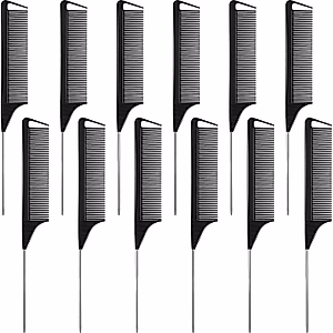 12 Pieces Hair Parting Comb Pin Tail Combs Fine-tooth Comb Rat Tail Combs Carbon Fiber and Stainless Steel Pintail Comb for Braids Hair Styling Beauty Tools (Black)