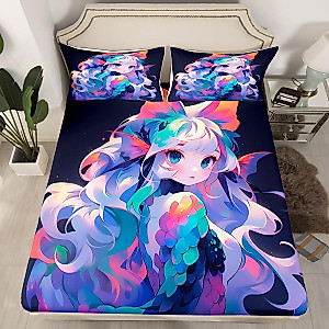 Anime Girl Bed Sheets 3D Japanese Bedding Set Kawaii Girly Fitted Sheet with Deep Pocket, Anime Lovers Gifts Fitted Bed Sheets Soft Lightweight Sheets for All Season, Twin 2Pcs
