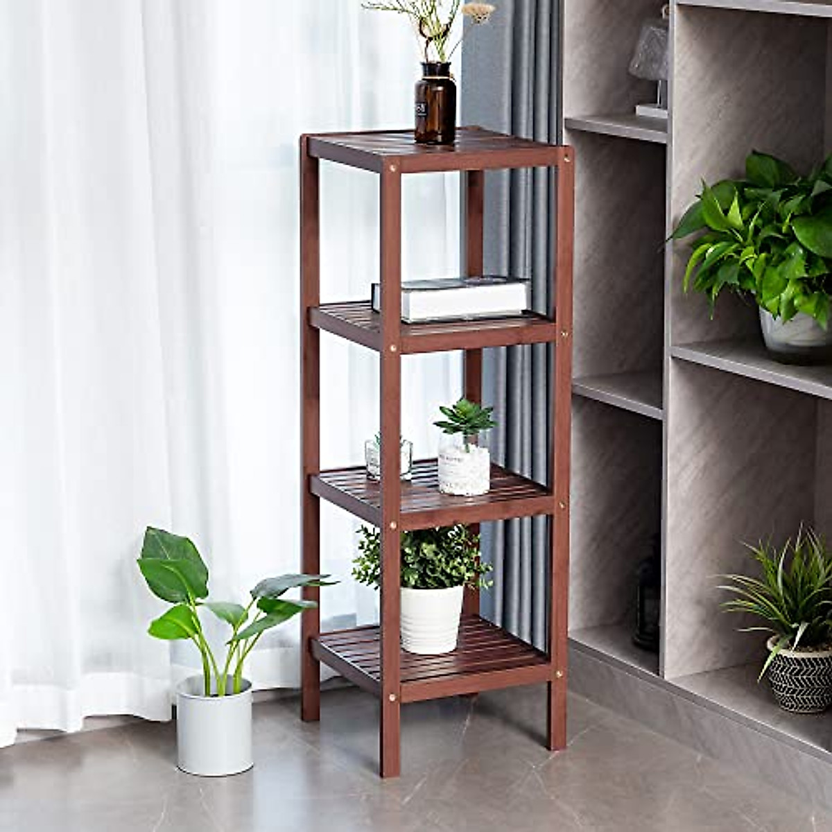 Zoopolyn 100% Bamboo Bathroom Shelf 13 x 13 x 39 inches 4-Tier Multifunction Standing Towel Rack Storage Organizer Unit Brown
