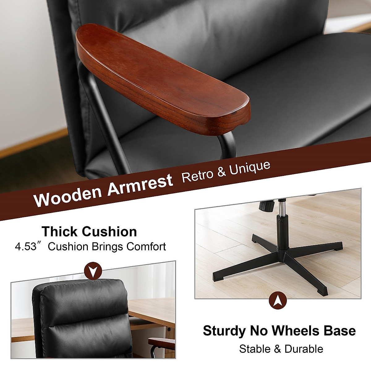 Okeysen Office Desk Chair No Wheels, Swivel Chair with Retro Wooden Armrests, Criss Cross Legged Armless Computer Chair for Home Office, Mid Century Modern Adjustable Task Chair with Thick Cushion