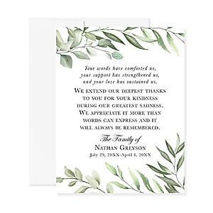 Hello Love Goods Greenery Funeral Thank You Cards, Sympathy Acknowledgement Cards, Bereavement Notes with Envelopes, 4.25x5.5 Flat Notecards