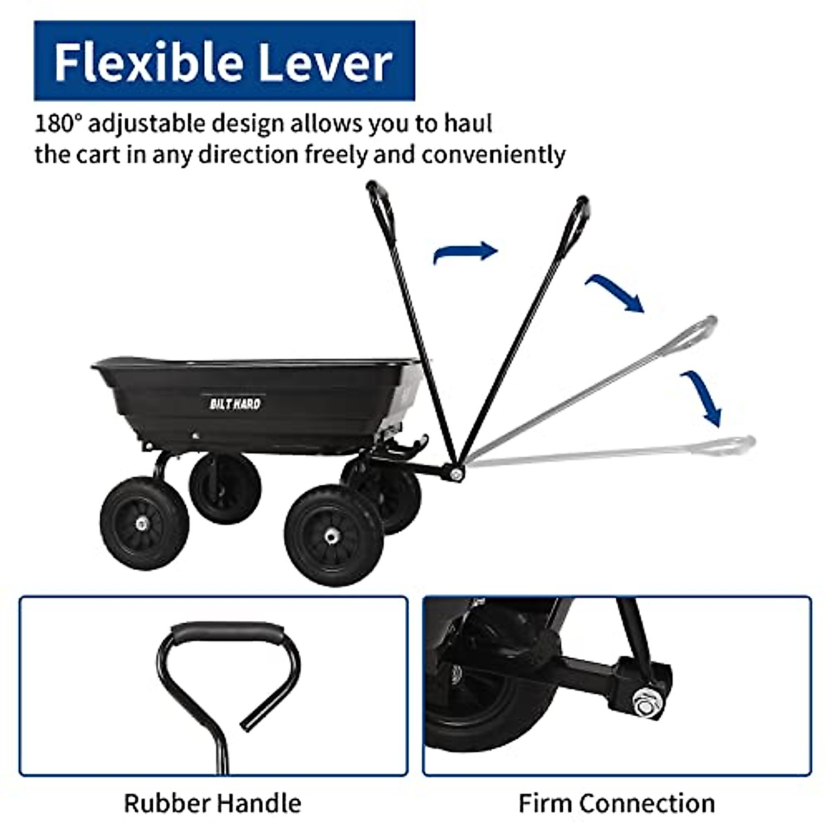 BILT HARD 4 Cu.Ft. 10" No-Flat Tires Poly Yard Dump Cart with 180° Rotating Handle, 600 lbs Capacity Heavy Duty Garden Carts and Wagons