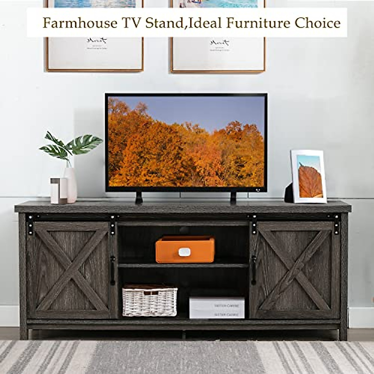 Vinctik 6&Fox 58In Farmhouse Entertainment Center,Rustic TV Stand for up to 65 inch TV with Wood Sliding Barn Door,Adjustable Storage Shelf,Media TV Table