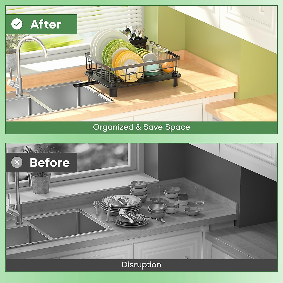 YUWENUS Dish Drying Rack, Space-Saving Dish Rack for Kitchen Counter, Anti-Rusty Stainless Steel Dish Drainer with Utensil Holder, escurridor de platos for Kitchen (Black)