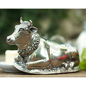 Vagabond House Pewter Metal Mabel the Cow Covered Butter Cream Cheese Dish Container Keeper Heirloom Quality with Stoneware Tray Base 8.5 inch Long