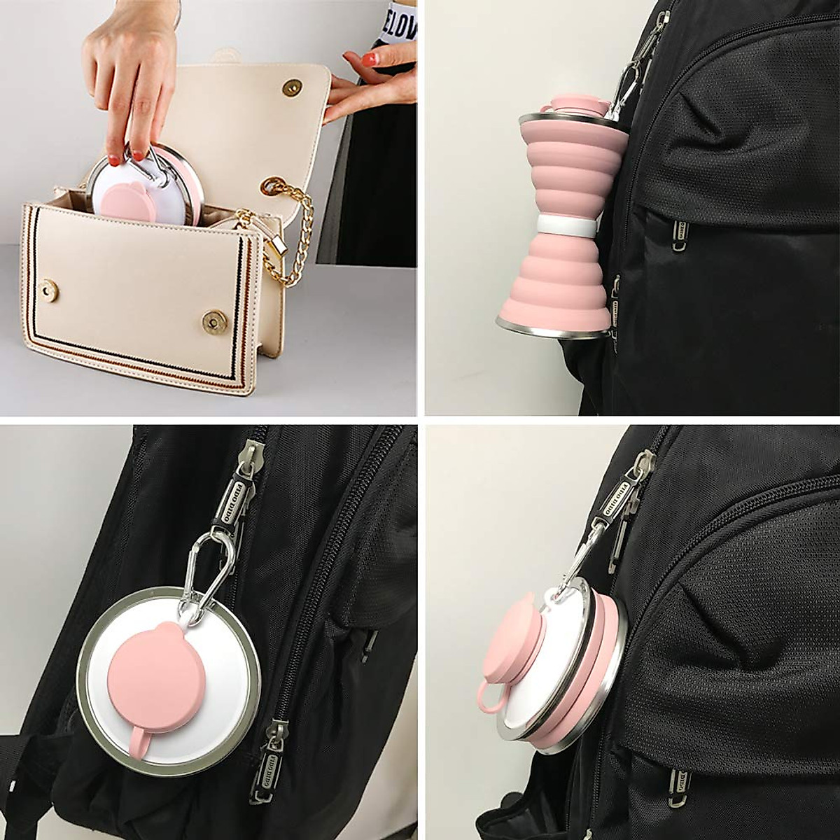 Collapsible Portable Sports Water Bottle, Camping Cup With Carabiner, Reuseable, Silicone, Foldable, Leak Proof For Outdoor, Travel Gym Hiking, Cycling, BPA Free