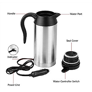 Acouto 750ml 12V Car Electric Kettle Stainless Steel Car Kettle Boiler Cigarette Lighter Heating Kettle Mug Electric Travel Thermoses DC Powered Car Teapot Portable Water Heater for Tea Coffee