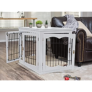 BIRDROCK HOME Decorative Dog Kennel with Pet Bed for Small Dogs - White - Double Door - Wooden Wire Dog House - Indoor Pet Dog Crate Side Table - Bed Nightstand