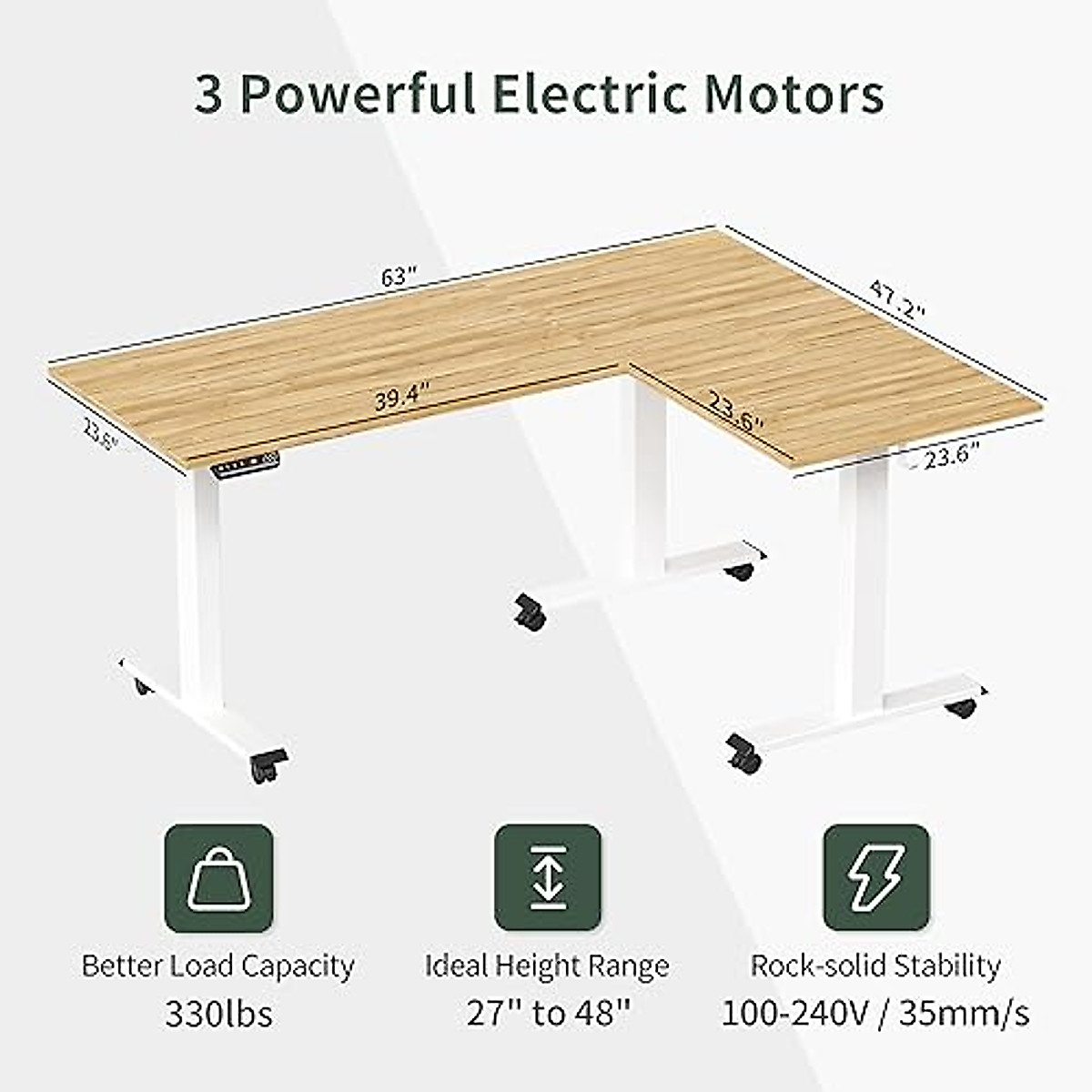 FEZIBO Triple Motor L-Shaped Electric Standing Desk, 63 Inches Height Adjustable Stand up Corner Desk, Sit Stand Workstation with Splice Board, White Frame/Natural Top