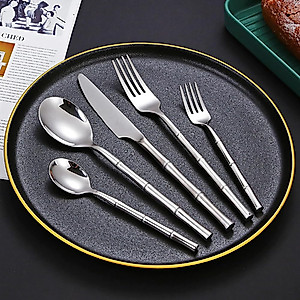 60 Piece Bamboo Shaped Flatware Set Service for 12, 18/10 Stainless Steel Bamboo Handle Silverware Cutlery Set For Home Kitchen Hotel Utensils, Mirror Polished, Dishwasher Safe