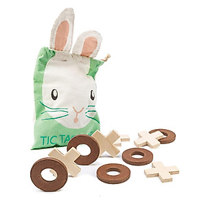 Tender Leaf Toys - Tic Tac Toe - Wooden Tic Tac Toe Game with Bunny Drawstring Bag - Travel Board Game for Kids and Adults - Age 3+