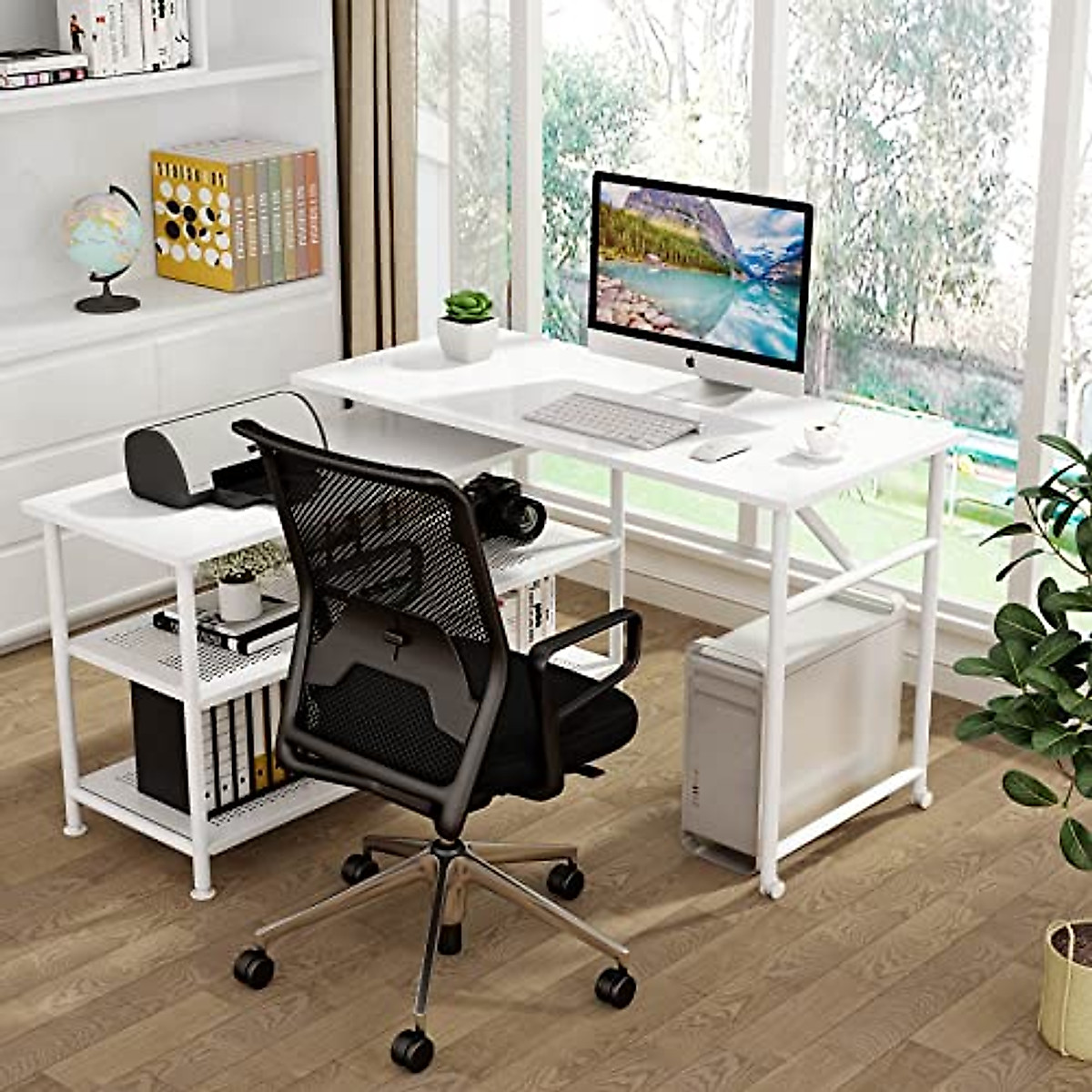 Tribesigns Modern L-Shaped Desk with Storage Shelves, 360°Rotating Desk Corner Computer Desk Study Writing Table Workstation with Open Shelves for Home Office, High Glossy Finish (White)