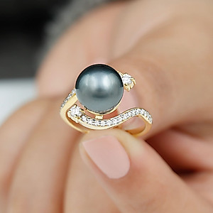 Rosec Jewels June Birthstone - 13 CT Statement Solitaire Ring with Tahitian Pearl and Diamond (AAA Quality), 14K Yellow Gold, Size:US 8.00