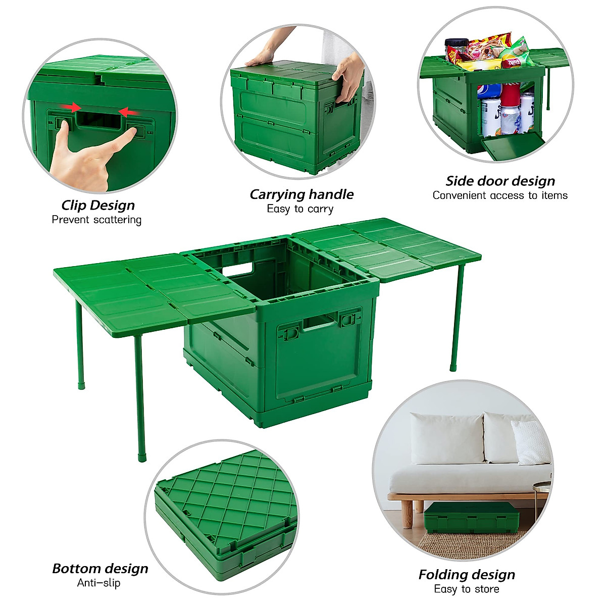 MOLOY ZOVM Folding Storage Box Collapsible Lidded Home Storage Bins Folding Table Camping Storage Box Multi Function Box Car Organizer Picnic (Green)