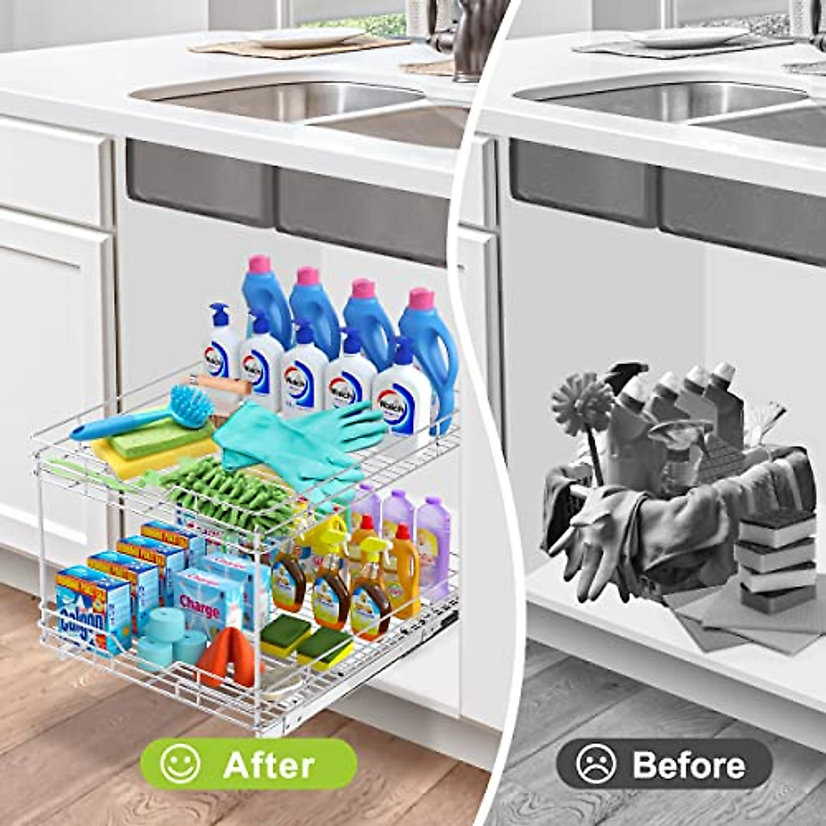 BONADOM 2 Tier Pull Out Cabinet Organizer(21''Dx17''W) Heavy Duty Slide Out Drawers for Kitchen Cabinets Storage Roll Out Shelf Rack Storage for Pots, Pans, PullOut Cupboard Organizer