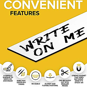 Dry Erase Magnetic Strips - Magnetic Tape Roll - Blank Write On Magnets - Sticky Labels and Stickers - Writable Flexible Magnet Sheet for Whiteboards, Refrigerator and Crafts