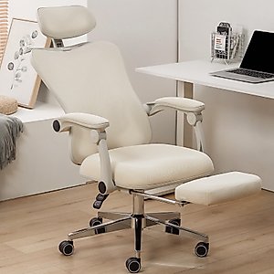 GGN Ergonomic Office Chair with Foot Rest, White Reclining Desk Chair with Leg Rest, Mesh Computer Desk Chair with Adjustable Headrest & Lumbar Support, White