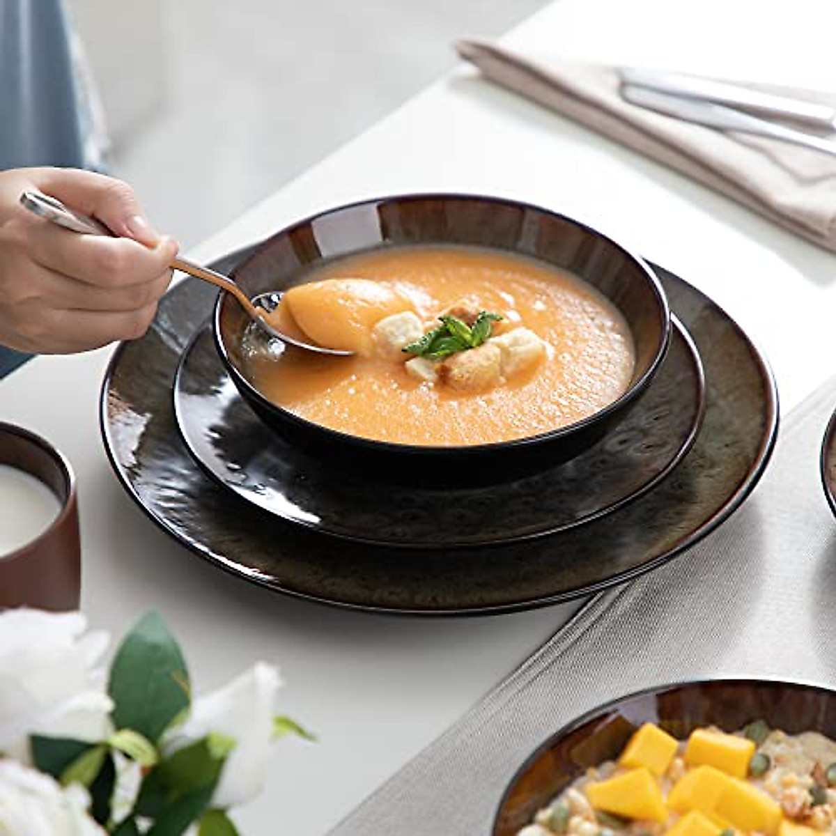 vancasso Bubble Dinnerware Sets 16-Piece - Plates and Bowls Set for 4 Dish Service Tableware Set, Microwave and Dishwasher Safe, Brown