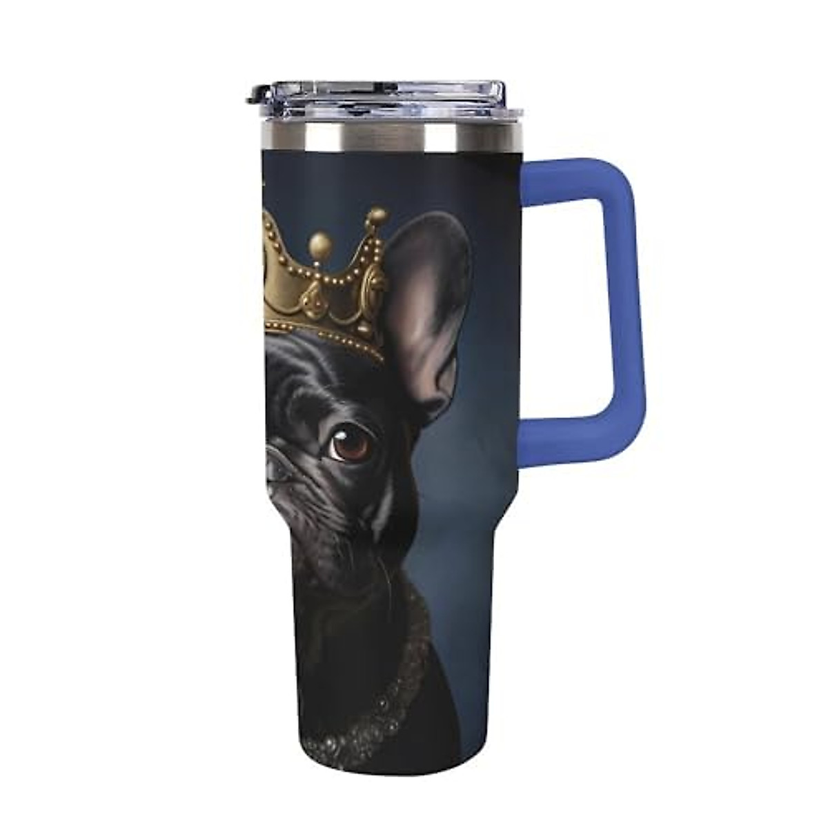 Funny French Bulldog Frenchie with A Golden Crowness 40 Oz Car Cup Stainless Steel Travel Mug Leak-Proof Insulated Tumbler with Handle Deep Blue-style