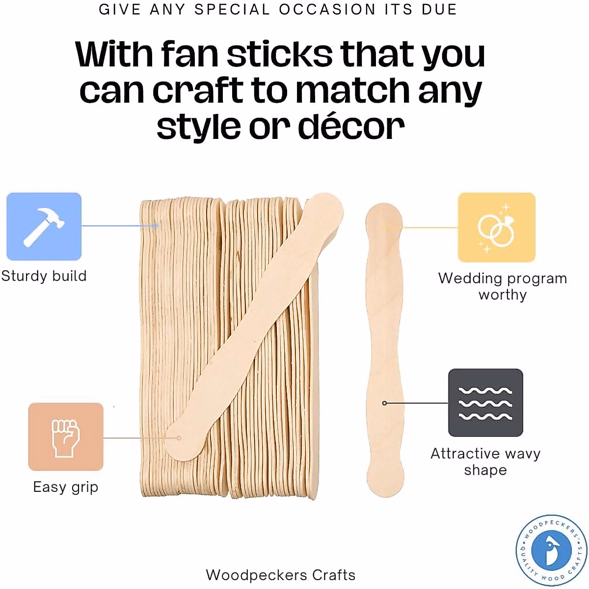 Wooden 8" Fan Handles, Wedding Programs, or Paint Mixing, Pack 100, Jumbo Craft Popsicle Sticks for Auction Bid Paddles, Wooden Wavy Flat Stems for Any DIY Crafting Supplies Kit, by Woodpeckers